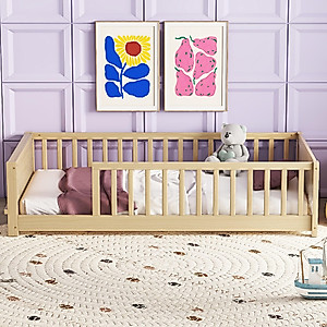 Bellemave Twin Size Floor Bed for Kids, Montessori Bed Frame with Safety Guardrails and Built-in Book Storage Rack, Solid Wood Twin Floor Platform Bed for Girls, Boys, Natural.