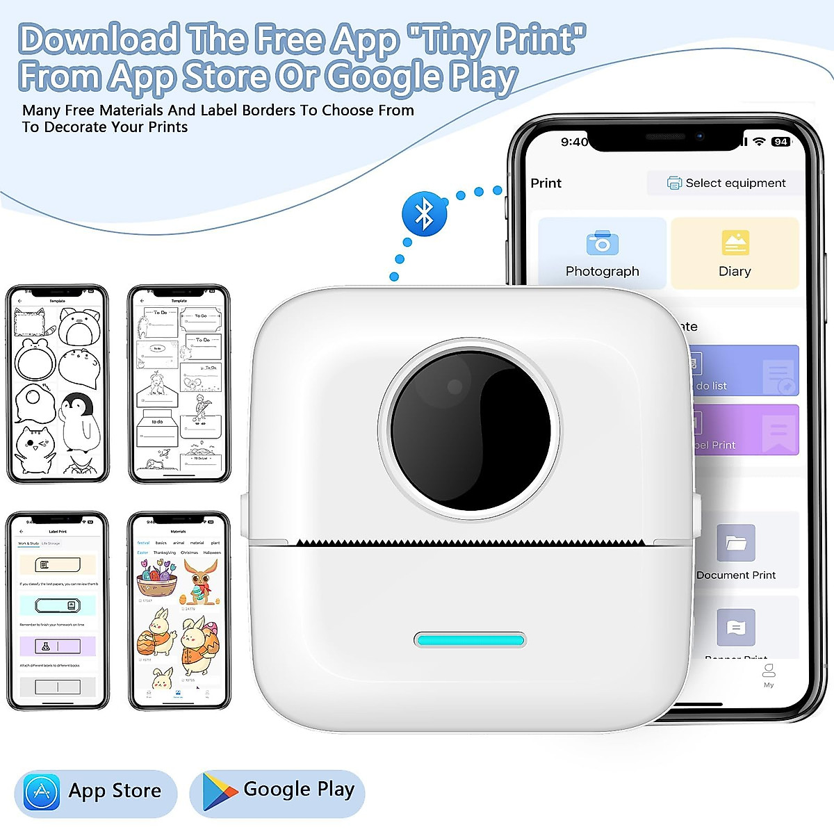 Sticker Printer Machine- Mini Thermal Printer, Inkless Notes Printer Mini, Portable Bluetooth Pocket Phone Printer for Journal, Photos, Notes, Kids Gift, White Mini Printer Sticker Maker