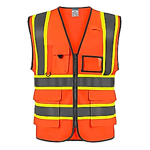 SHORFUNE High Visibility Safety Vest with Pockets, Mic Tab, Reflective Strips and Zipper, ANSI/ISEA Standards,Oange,M