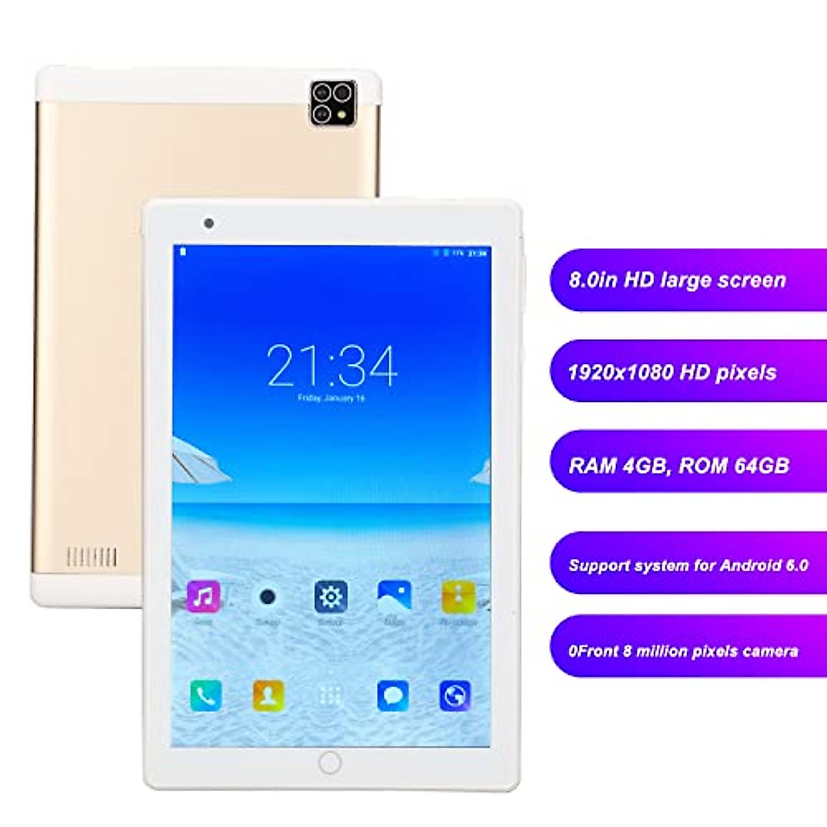 PUSOKEI 8inch Tablet,4GB RAM,64GB ROM,Dual SIM 3G Call,8 Million 16 Million Pixels,WiFi Gaming Tablet PC with 8000mAh Battery(Gold)