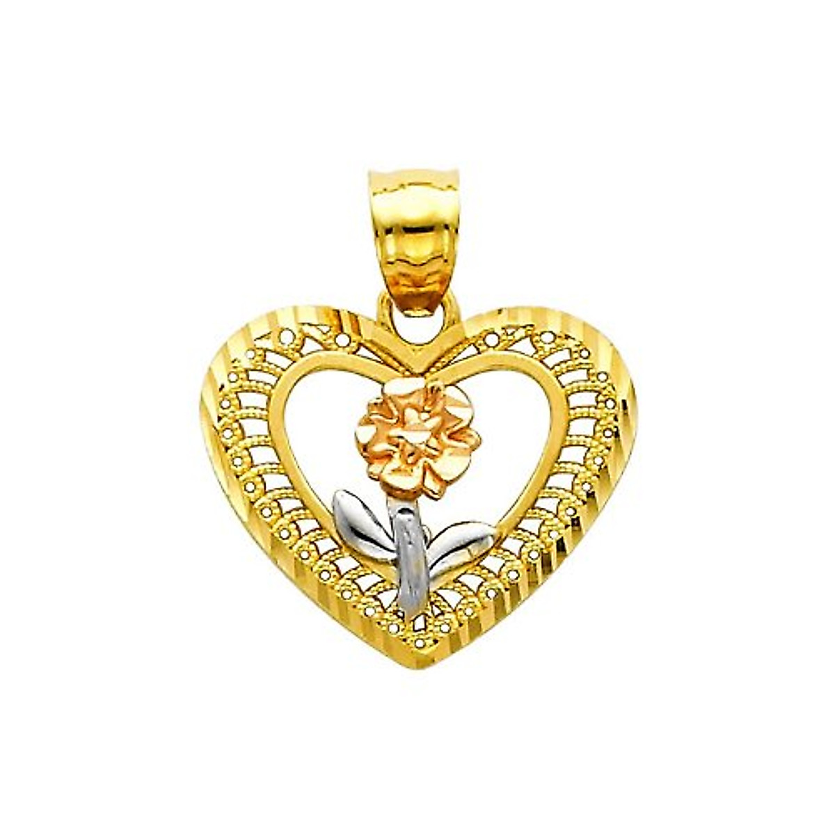 The World Jewelry Center 14k REAL Tri Color Gold Flower in Heart Pendant with 1.5mm Diamond Cut Chain Necklace - 22"