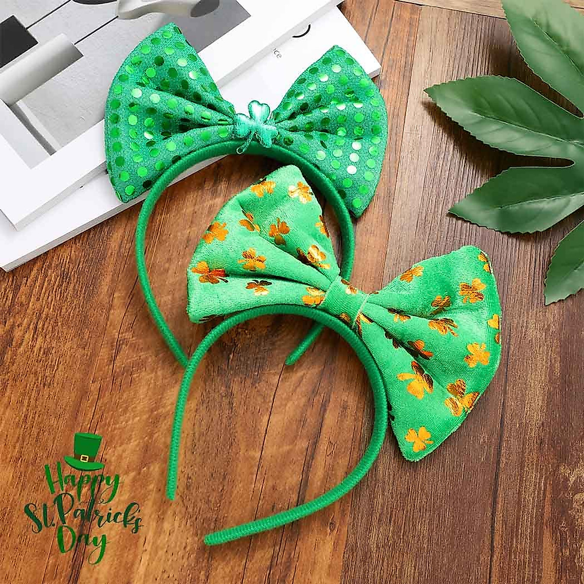 DRESBE St. Patrick's Day Headbands Green Shamrock Bowknot Hair Hoop Cute Festival Hair Accessories for Women and Girls(2pcs) (A)
