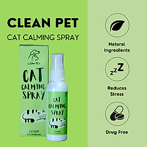 Clean Pet Cat Relaxant Pheromone Spray - for Cats & Kitties - Reduces Stress and Anxiety - Stops Spraying Scratching & Other Problematic Behaviors - Scented & Unscented (Catnip)