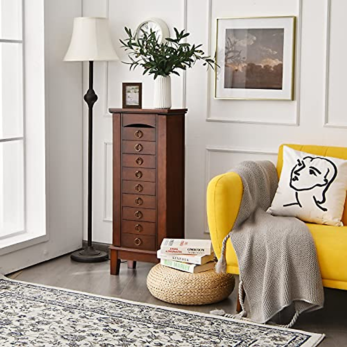 Giantex Jewelry Cabinet with Top Compartment, 9 Drawers & 2 Side Doors, Wooden Jewelry Armoire Storage Chest Stand with Flip Top Mirror, Necklace Hooks, Bedroom Armoire with Large Storage, Walnut