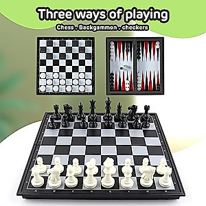 XQW 3 in 1 Classic Board Games Chess Set for Family Night Adults Kids with 9.85" Foldable Chess Board,Magnetic Travel Board Game Set,Including Magnetic Chess Checkers and Backgammon