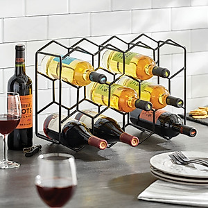 mDesign Metal Hexagon 3-Tier Wine Rack - Minimalist Bottle Holder for Kitchen Countertop, Pantry, or Refrigerator Space - Wine, Beer, Pop/Soda, Water Bottles, and Juice, Holds 11 Bottles - Matte Black