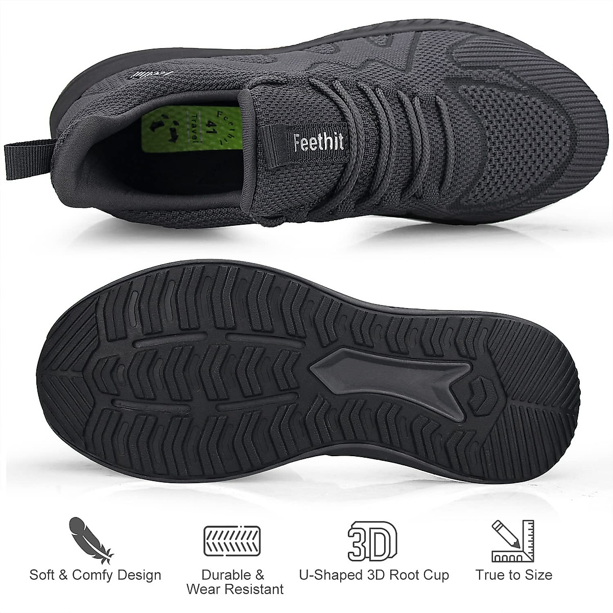 Feethit Mens Non Slip Running Sneakers Casual Breathable Slip on Walking Tennis Shoes Casual Comfortable Shoes Drak Gray 10