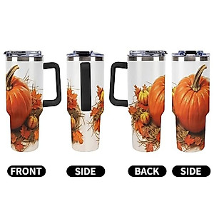 LLUTSNTH 40 Oz Vacuum Tumbler with Black Handle Leakproof Insulated Tumbler Fall Pumpkin Stainless Steel Travel Mug with Lid And Straw Coffee Cup Cute Water Bottles Cup Holder Friendly