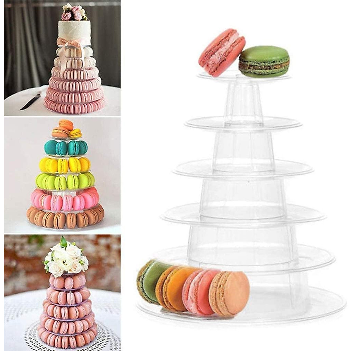 6 Tiers Round Macaron Tower Cake Stand Macaron Display Rack , Plastic Tiered Cake Dessert Serving Tower Tray for Wedding,Baby Shower and Birthday Party Decor
