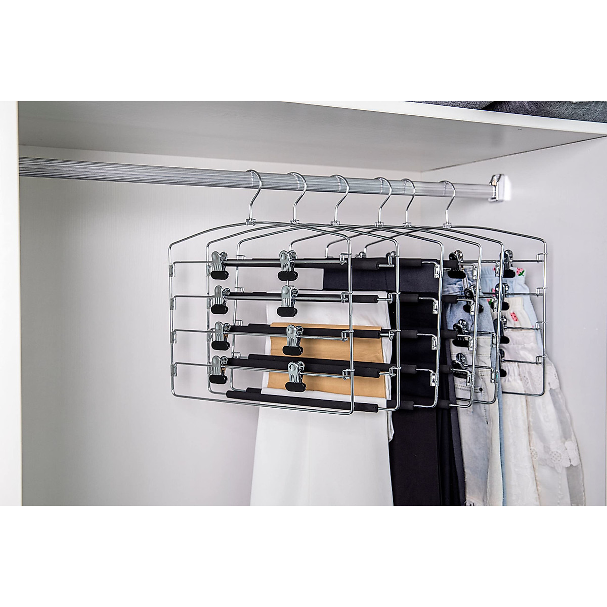 3 Quality Multi Pants Hangers, Real Heavy Duty, Space-Saving Multi-Bar Metal Hangers, Stable with Non-Slip Foam Padding, Swivel Hook for 5 Jeans Each, Suit Pants, Scarves, Towels, Trousers (Pants, 3)