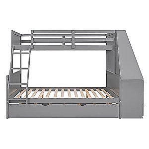 Twin Over Full Bunk Bed with Desk and Trundle, Wooden Bunk Beds Twin over Full Size with Storage Drawers and Shelf ,Storage Bunk Beds with Ladder & Guardrails for Kids Girls Boys ,Grey