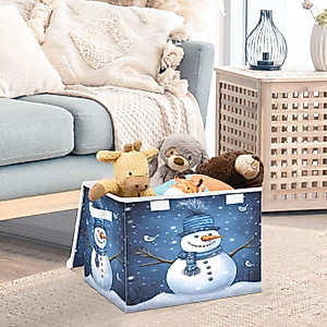 RunningBear Christmas Winter Snowman Blue Large Storage Bins with Lid Collapsible Storage Bin Storage Organizer Bin Fabric Foldable Storage Organizer Containes for Office Bedroom Clothes Toys