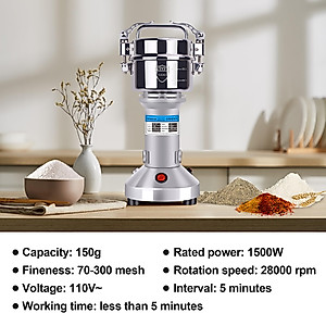 Greatrue 150g Electric Grain Mill Grinder, 304 Stainless Steel Grain Mill, 1500W High Speed Spice Grinder, Electric Grain Mill for Dry Wheat, Oats, Corn, Pepper and Coffee Beans