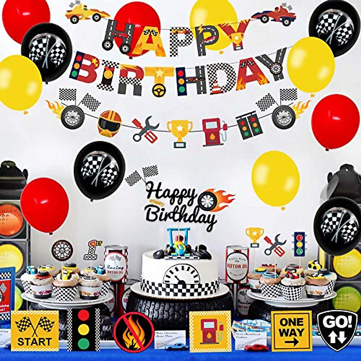 PRATYUS Race Car Birthday Decorations for Kids Boys Let's go Racing Party Supplies With Banner, Welcome Hanger, Car Party Signs, Cake Topper and Checkered Balloons