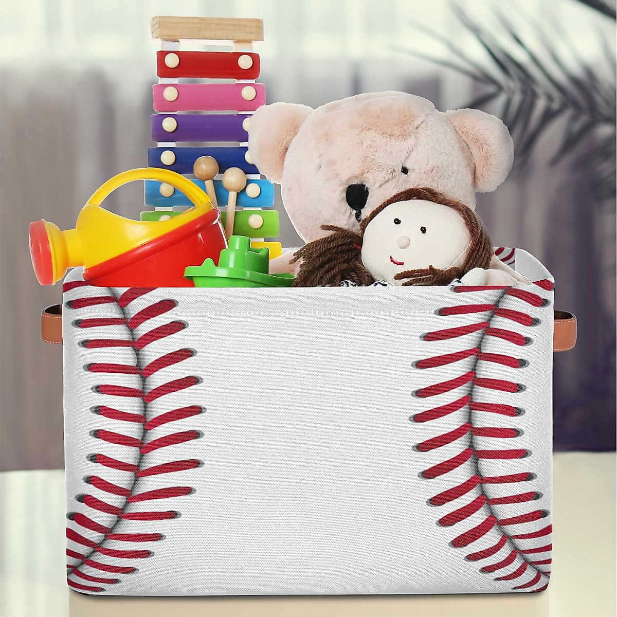 Baseball Storage Bin Basket,Sport Softball Large Toys Storage Cube Box with Handles, Collapsible Laundry Basket Rectangular Waterproof Storage Organizer Bin for Nursery Bedroom Shelves Gift Basket