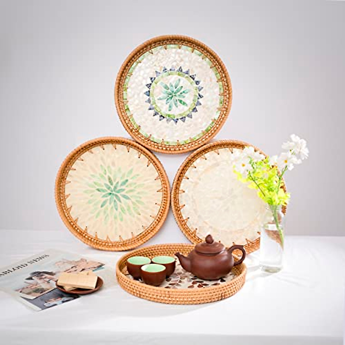 BemiaoCrafts Rattan Tray with Mother of Pearl Inlay Wooden Base, Lacquer Serving Basket for Breakfast, Food, Round Tray as Coffee Table Decor, Mother of Pearl Decoration, Storage, Display