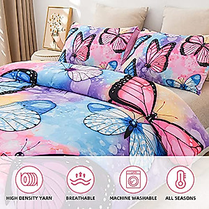 Btargot Lightweight Microfiber 3 Piece Comforter Set with 2 Pillowcases, Butterfly Pattern Bedding Set, Twin Multi-Color