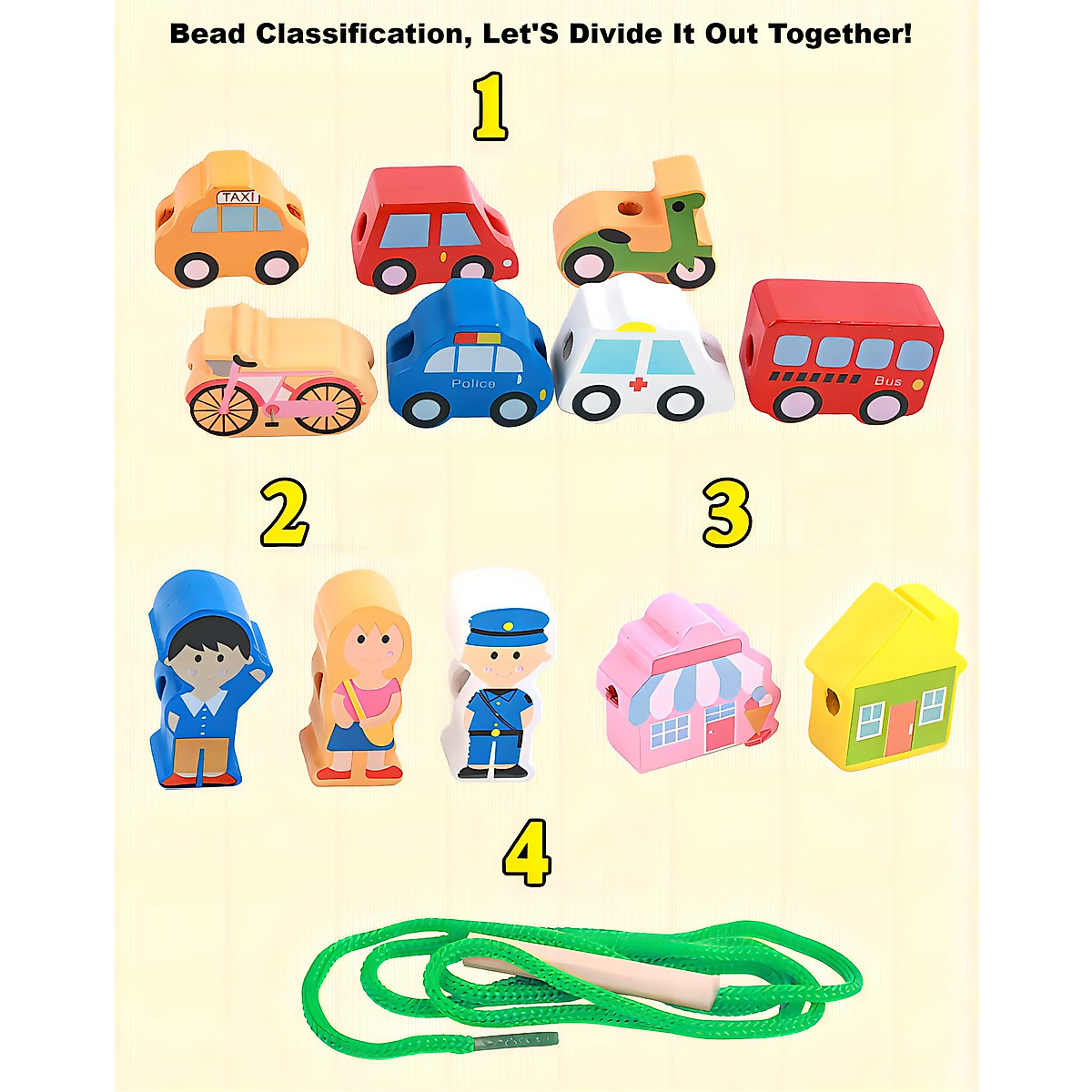 KanCai Wooden City Figures and Cars Lacing & Stringing Beads Toys Over 3 4 5 Year Old Kids Block Set Toy