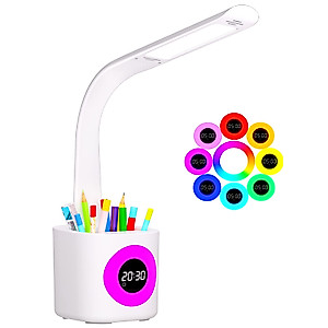 YOUKOYI LED Desk Lamp, Desk Lamps for Home Office, 10W Dimmable Study Desk Light with Pen Holder&Colorful Night Light&Clock, Kids Desk Lamp- 4 Lighting Modes&5 Brightness Level, Eye-Care Reading lamp