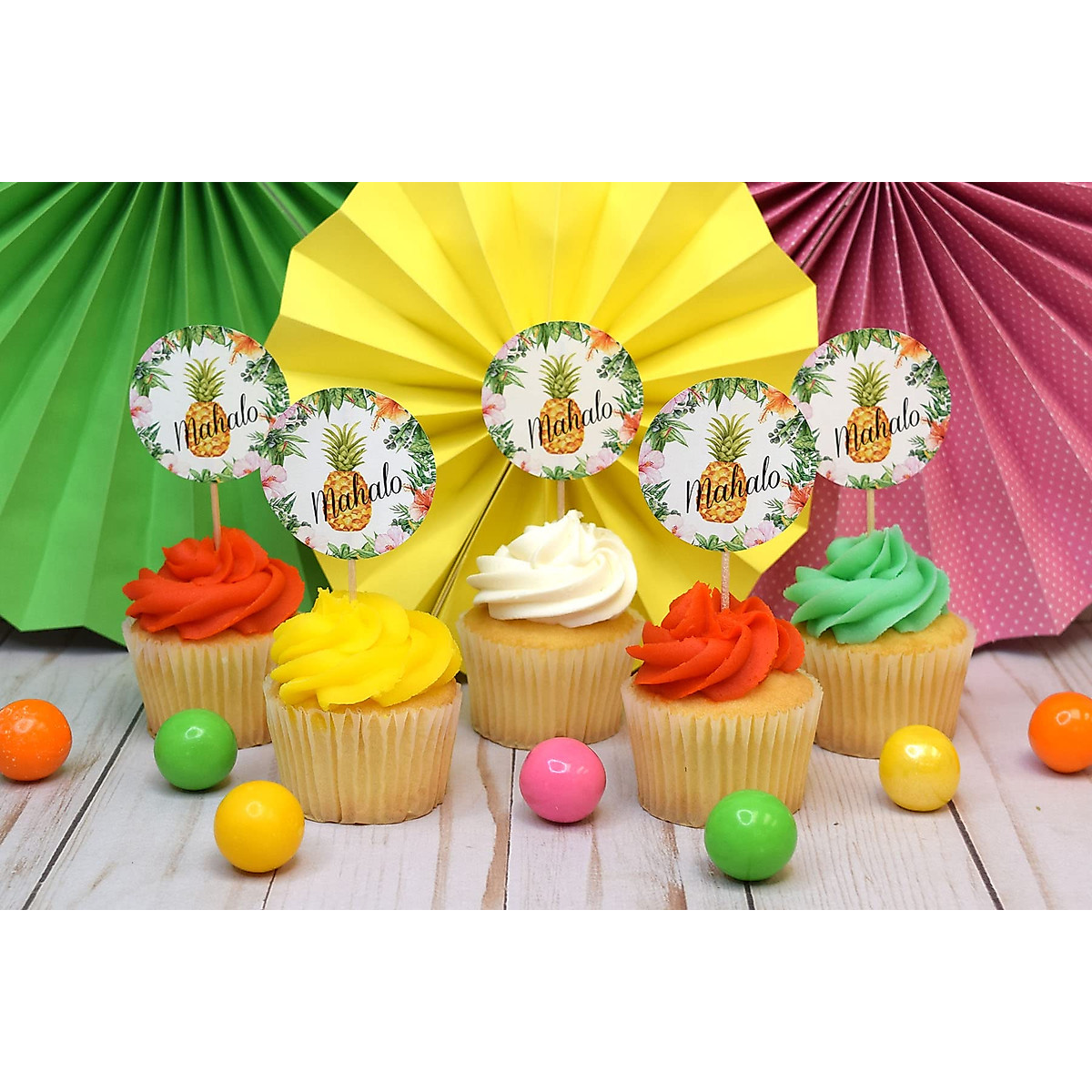 Watercolor Pineapple Mahalo Thank You Sticker Labels, 40 2" Party Circle Stickers by AmandaCreation, Great for Party Favors, Envelope Seals & Goodie Bags