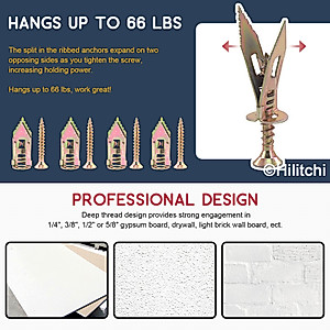 Hilitchi 200Pcs Self Drilling Drywall Anchors with Screws Easy Application No Drill or Holes in Wall, 66 Lbs, 12 x 30mm-100Pcs Anchors and 100Pcs Screws (Metal Anchors)