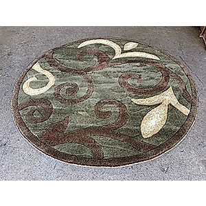 Modern Round Area Rug Contemporary Sage Green & Brown Floral Tropical Design 525 (4 Feet X 4 Feet)