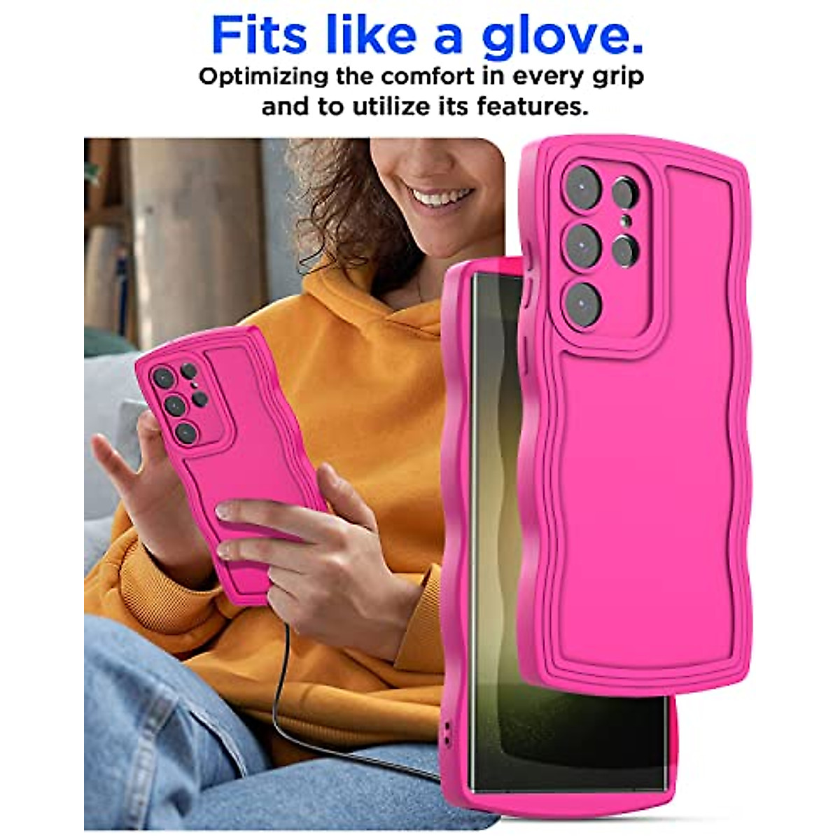 AICase Cute Solid Color Curly Wave Frame Soft Compatible with Samsung Galaxy Phone Case (Hot Pink, Galaxy S21 Ultra)