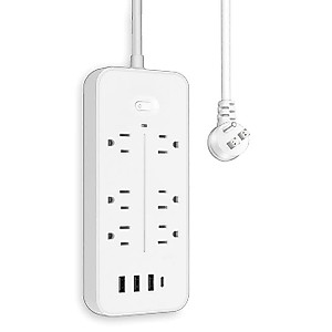 6 Outlet 3 USB Ports and 1 Type C 4 Foot 18 AWG Power Extension Strip Cord with Lightening and Overload Protection, 10A ,110-250V with Pure Red Copper Wire