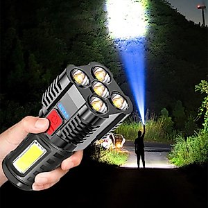 Five Explosion LED Flashlight Super Bright Rechargeable Camping Flashlight Table Lamp 4 Modes with COB Work Light, IPX6 Waterproof, Powerful Handheld Flash Light for Emergencies, Camping, Hiking