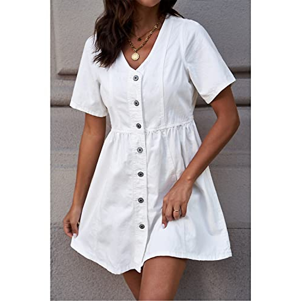 luvamia Women's Denim Shirt Dress Button Down Skirt V Neck Short Sleeve Jean Dresses Cute Dresses Skater Dress Knee Length Dress for Women A Line Dresses for Women Brilliant White Size Medium