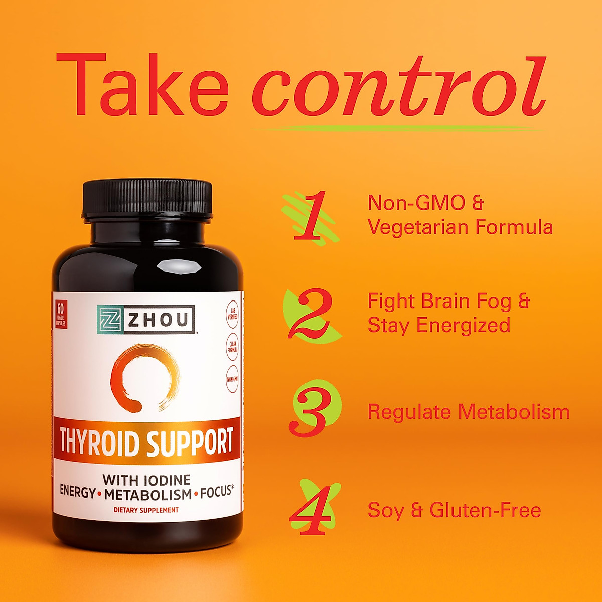 Zhou Thyroid Support Complex with Iodine Supplement, Increase Energy, Fight Brain Fog with Vitamin B12, Iodine, Magnesium, Zinc, Selenium, No Soy, Gluten-Free, 30 Servings, 60 Caps