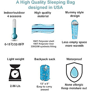 ANJ Outdoors 32F-59F Youth and Kids Sleeping Bag | Indoor/Outdoor Boys and Girls Sleeping Bag | Mummy Style, Lightweight Sleeping Bag for Kids