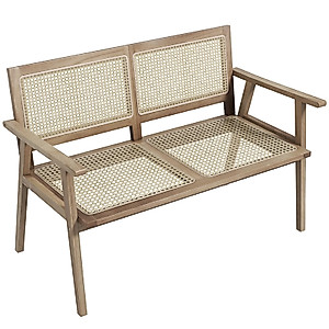 Tangkula Outdoor Teak Wood Garden Bench, 2-Person Patio Bench with Armrests, Rattan Backrest & Seat, Patio Garden Bench for Porch, Lawn, Balcony and Backyard, Natural
