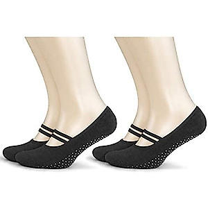 GoWith 2 Pairs Women Non-Slip Yoga Socks, 80% Cotton Pilates Fitness No Show Socks, Workout Grey Black Socks, Shoe Size: 5-10