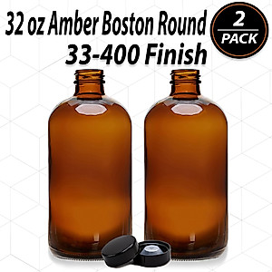 (2 Pack) - 32 oz Amber Glass Boston Round Bottles with Black 33-400 Airtight Phenolic Polycone Caps - Perfect Glass Containers for Secondary Fermentation, Storing condiment, Homemade Essential Oils