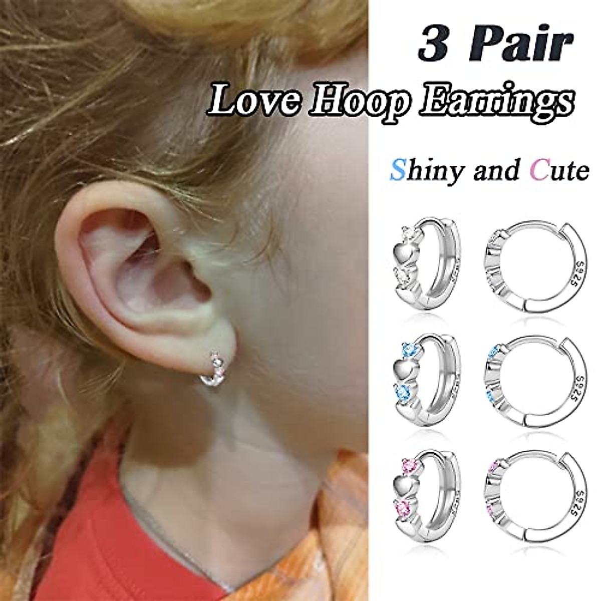 Double Love Heart Silver Huggie Hoop Earrings for Women Cubic Zirconia 925 Sterling Silver Cute Sleeper Earrings for Women