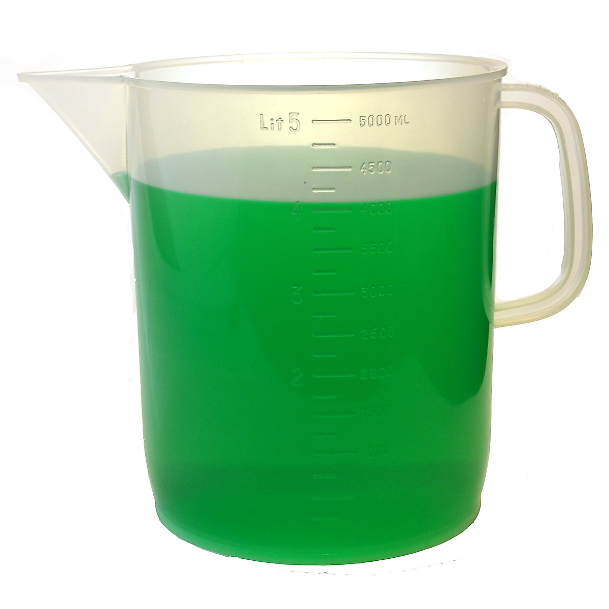EISCO Measuring Jug, 5000mL (5 Liter) - Short Form - Polypropylene Plastic - Molded Graduations - Chemical Resistant, Autoclavable - Handle for Convenient Lifting - Pitcher, Large Measuring Cup