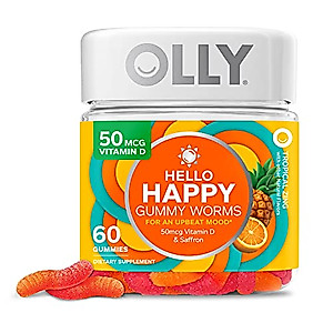OLLY Hello Happy Gummy Worms, Mood Balance Support, Vitamin D, Saffron, Adult Chewable Supplement, Tropical Zing - 60 Count