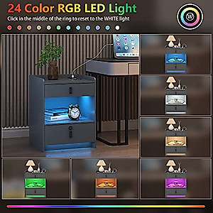 Vlsrka Nightstand with Charging Station, Night Stand with Drawers, LED Nightstands with 24 RGB Colors, Modern Side Table with USB Ports and Open Shelf, Bedside Table for Bedroom, Grey