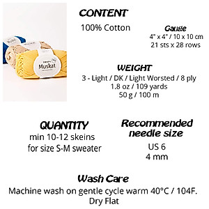 100% Cotton Yarn for Knitting and Crocheting, 3 or Light, DK, Worsted Weight, Drops Muskat, 1.8 oz 109 Yards per Ball (15 Royal Blue)