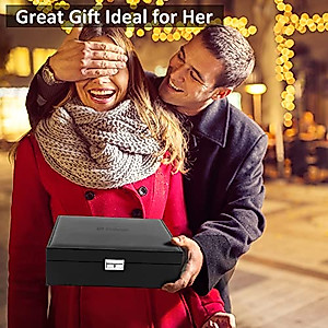 SIMBOOM Jewelry Box Organizer for Women Girls, 2 Layer Large Jewelry Display Storage Case for Rings Earrings Necklaces Bracelets Watches, PU Leather Mens Jewelry Organizer Boxes with Lock, Black