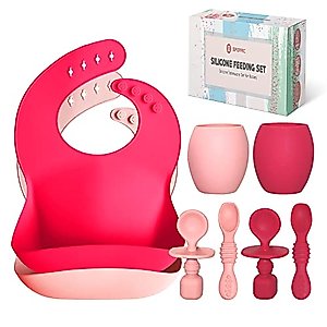 Baby Silicone Feeding Set - Baby Led Weaning Utensils, Silicone Bibs, Infant Feeding Cups For Boys, Girls, & Toddlers Smooth Waterproof Material For Practical Eating, Set of 8