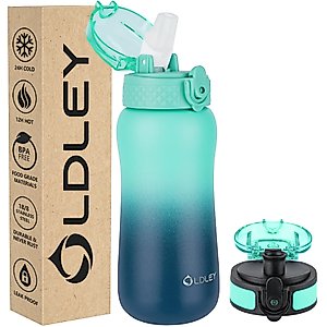 OLDLEY Insulated Water Bottle 12oz Kids Water Bottles with Straw, Stainless Steel Water Bottle with 2 Lids,Double Wall Vacuum Bottle, Leak-Proof Sport Bottles for School Travel, Caribbean Blue