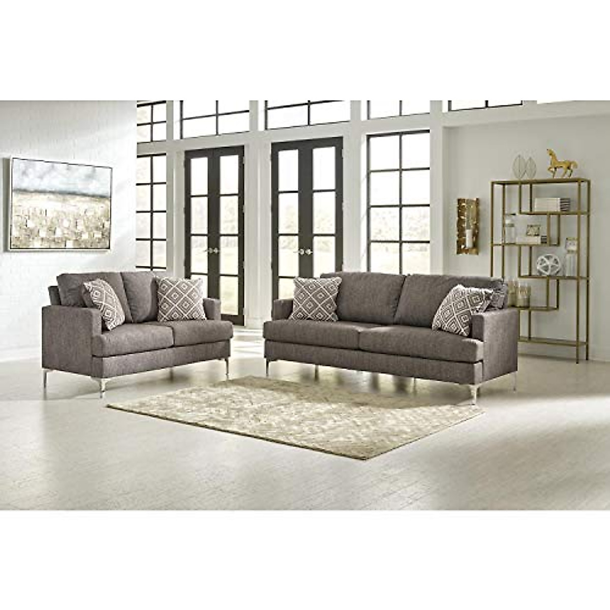 Signature Design by Ashley Arcola Modern Loveseat with Chrome Legs & Accent Pillows, Dark Gray