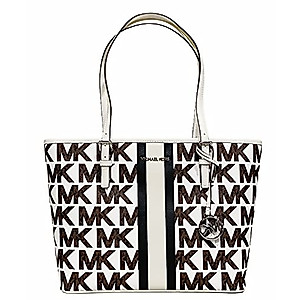 Michael Kors Jet Set Travel Medium Carryall Tote Graphic MK White Stripe Bundled with Michael Kors Jet Set Large Brown Trifold Wallet