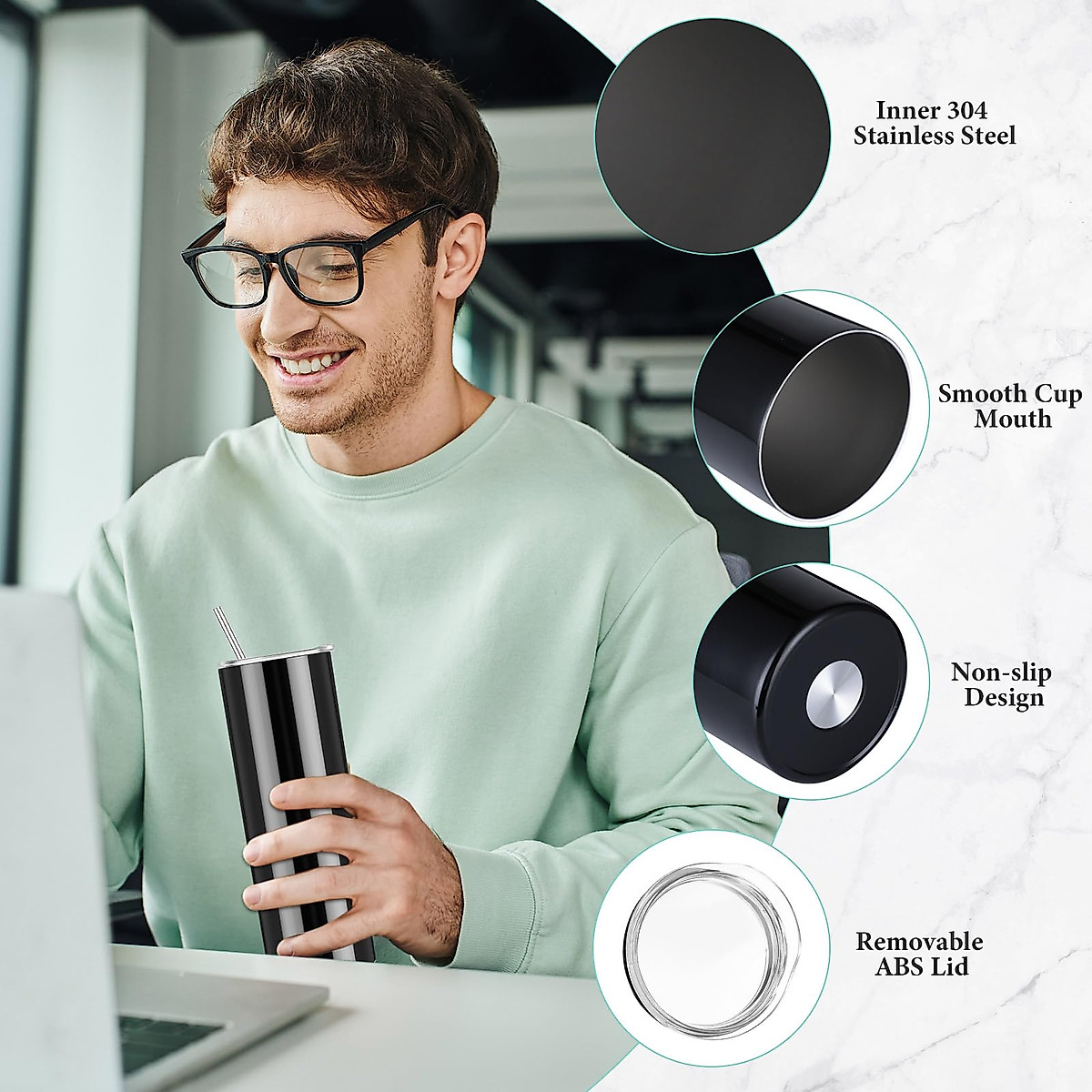 Layhit 4 Sets 20 oz Sublimation Tumbler Stainless Steel Blank Skinny Tumblers with Lids and Straws Brushes Double Wall Insulated Straight Sublimation Cups Water Coffee Mug for Travel Gift DIY, Black