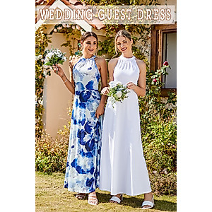 STYLEWORD Womens Summer Maxi Dresses Halter Formal Wedding Guest Cocktail Tea Party Long Spring Dresses 2025 Trendy(Blue Floral,L)