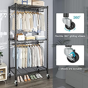 FUTASSI Portable Closets, Heavy-Duty Garment Rack with Shelves and Hanger Rods, Rolling Freestanding Wardrobe System, Clothes Organizers and Storage with 2 Lockable Casters, 30"W x 14"D x 76"H, Black