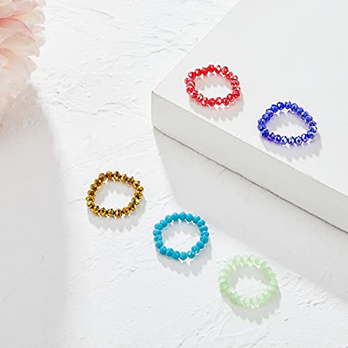 Hicarer 15 Pieces Beaded Elastic Ring Bohemian Beaded Ring Simple Crystal Ring Vintage Handmade Elastic Ring for Women Friendship