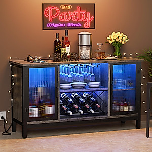 Zarler Bar Table Cabinet with Power Outlet and Light, LED Wine Bar Stand for Liquor and Glasses, Metal Home Mini Bar with 4-Tier Storage (Dark Grey), 13.4″D x 47″ W x 29.5″H, WBC001